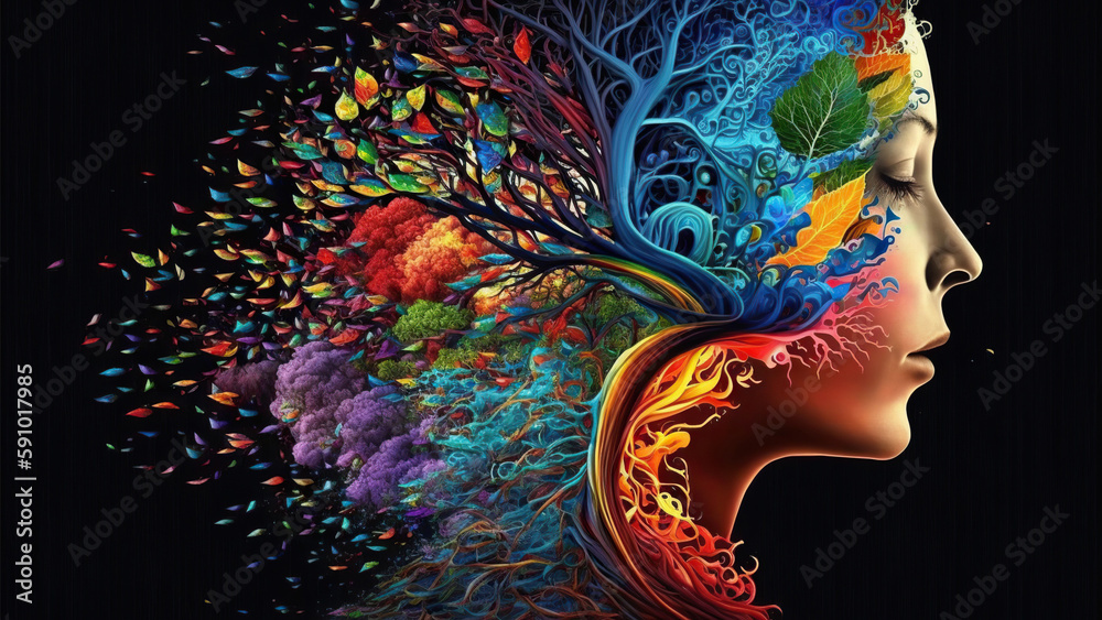 Generative AI. Abstract fantasy horizontal illustration inside a human ...