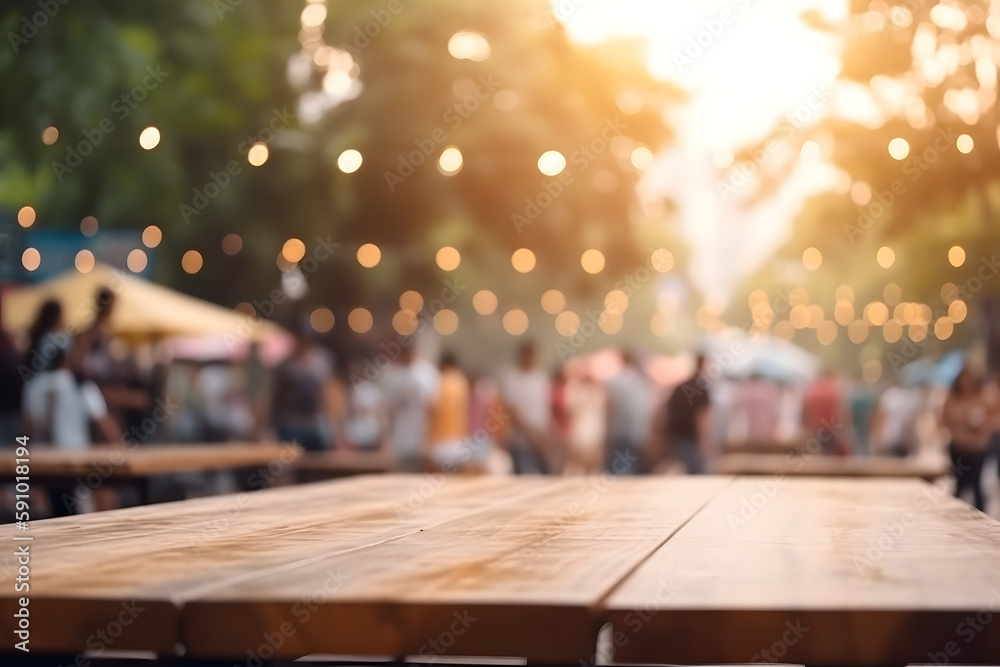 Empty wooden table top for product display with blurred outdoor ...