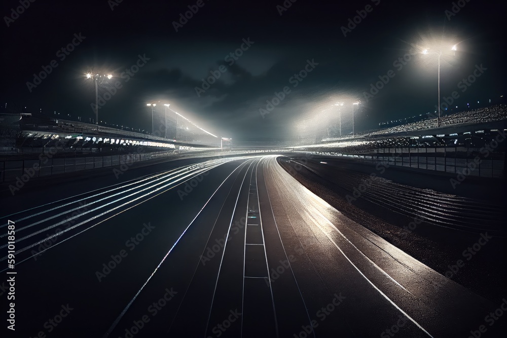 race track at night, with lights illuminating the way and spectators in ...
