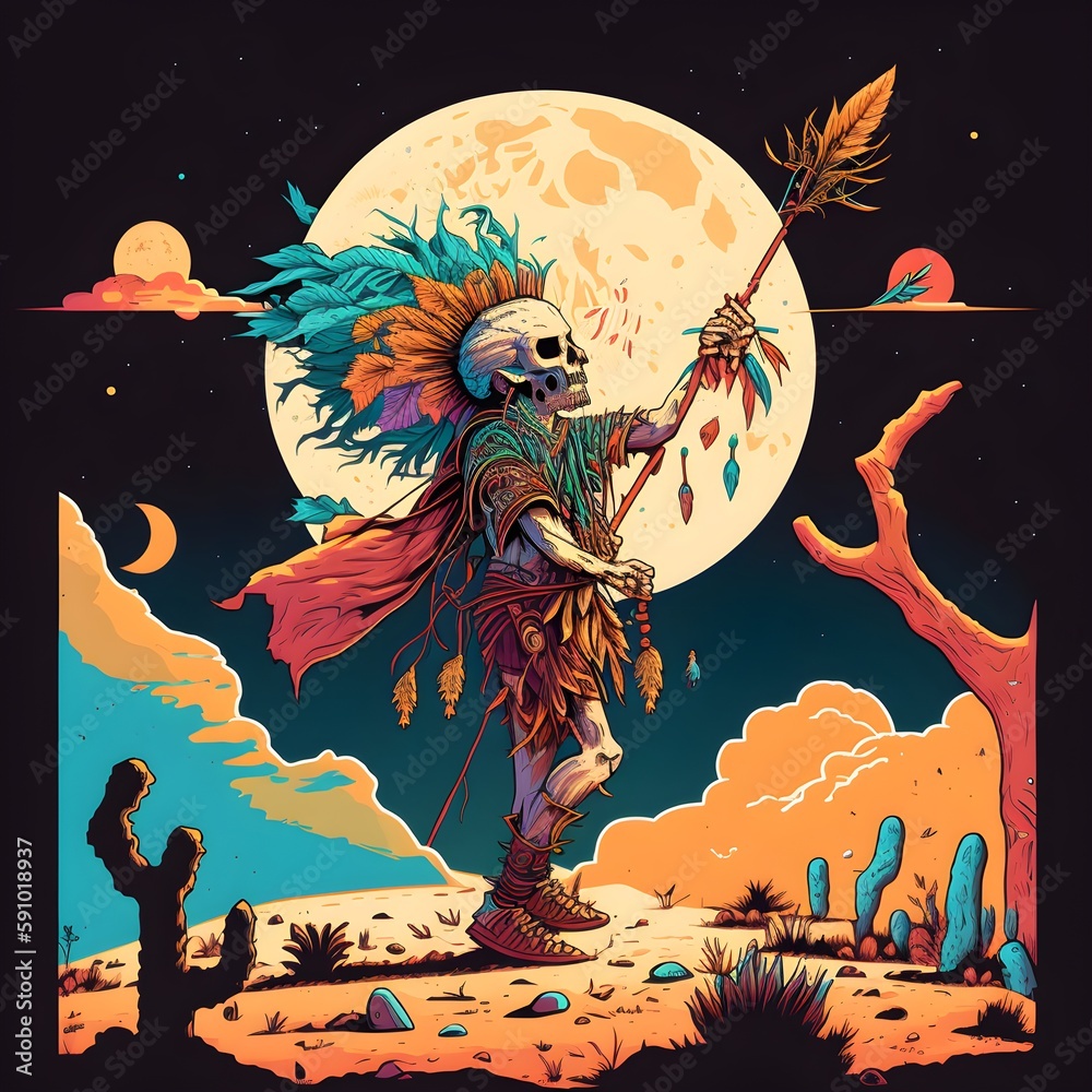 Space Shaman with a feather headdress on a faraway desert planet ...