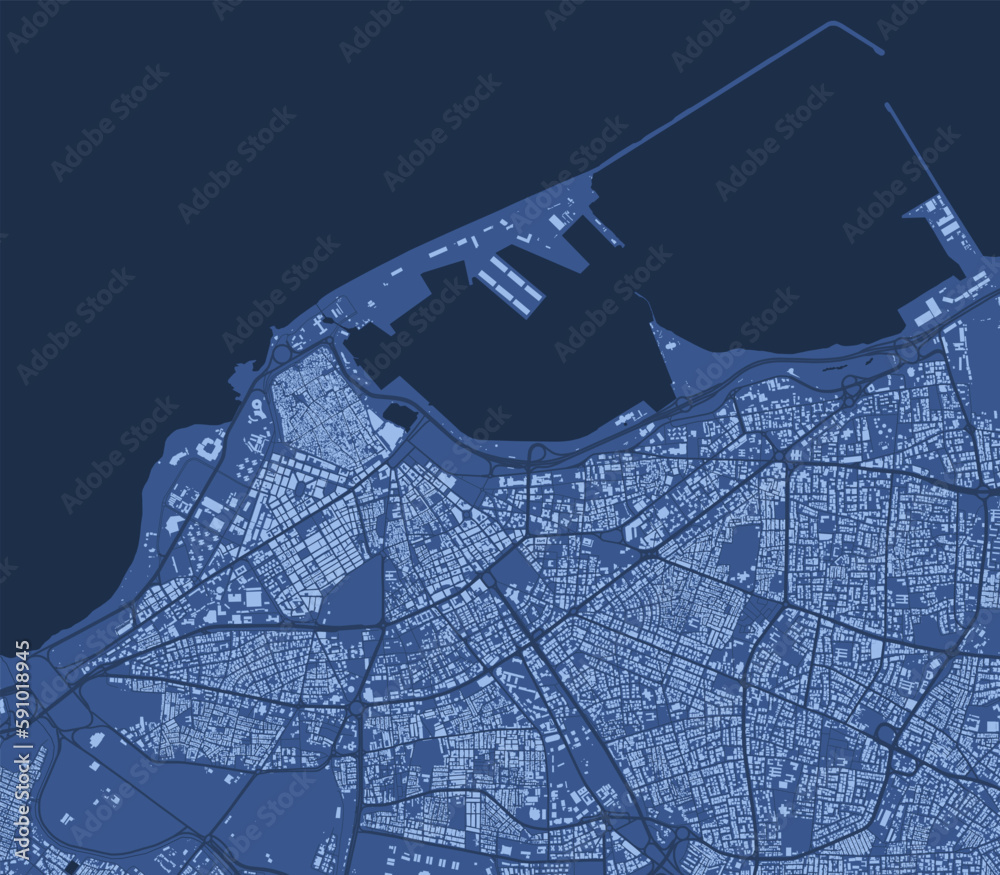 Detailed blue vector map poster of Tripoli city, linear print map ...
