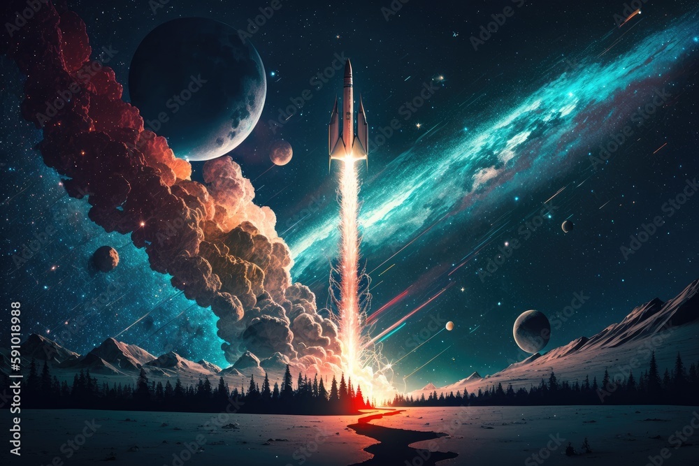 rocket launch, with view of the stars and planets in the night sky ...