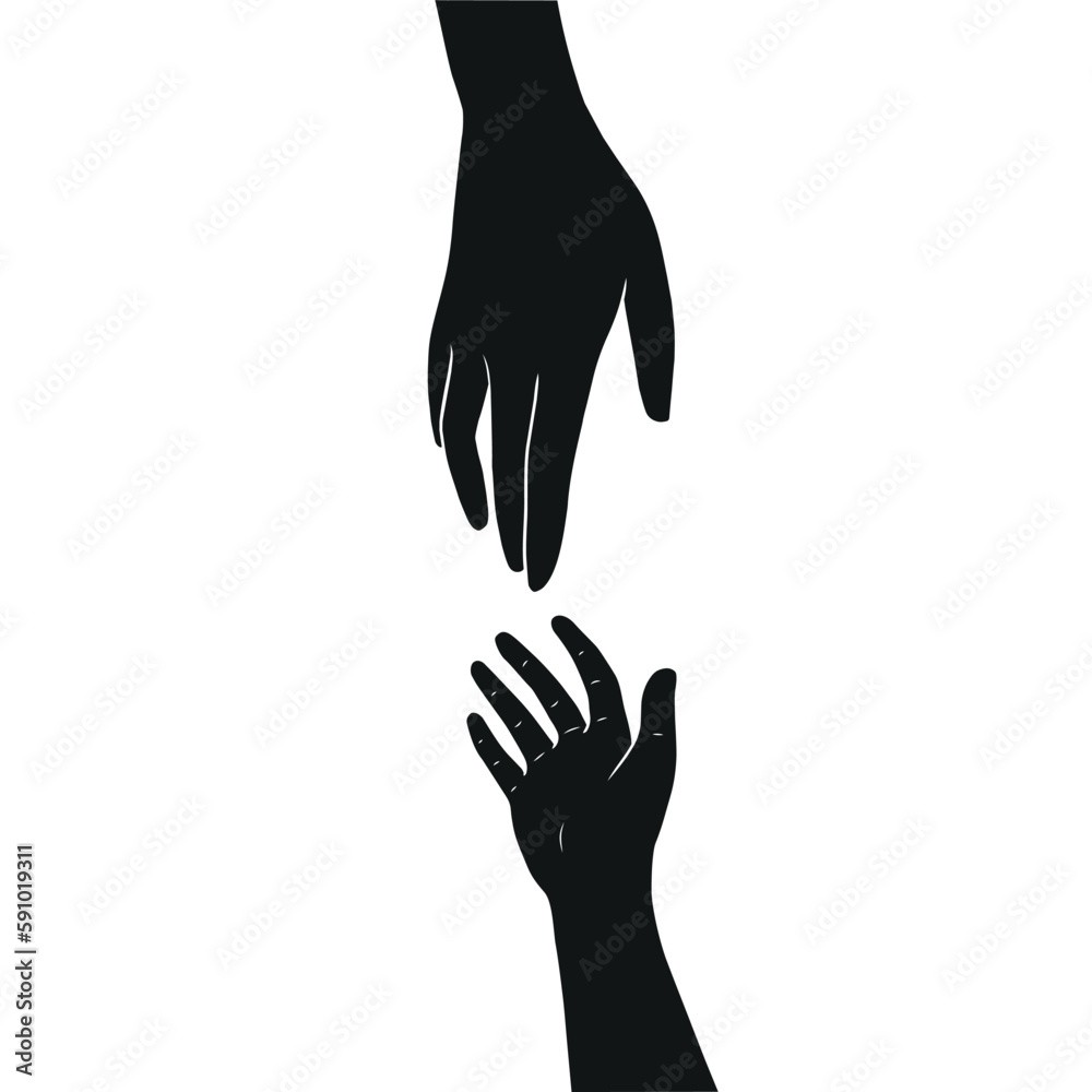 Adult's and kid's hands are drawn to each other. Black silhouettes ...