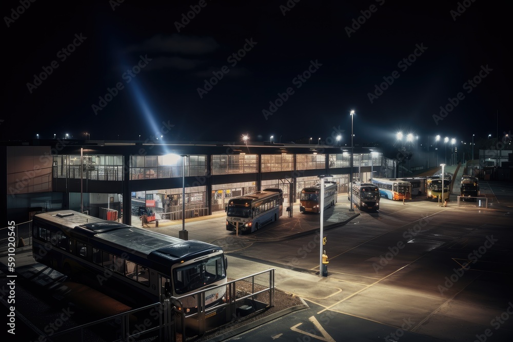 bus depot at night, with the moon shining overhead and a full view of ...