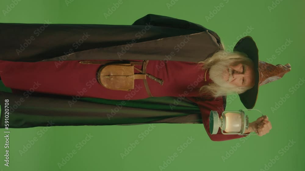 Vertical view.Green Screen. A Portrait of a Smiling Wizard in a Magic ...