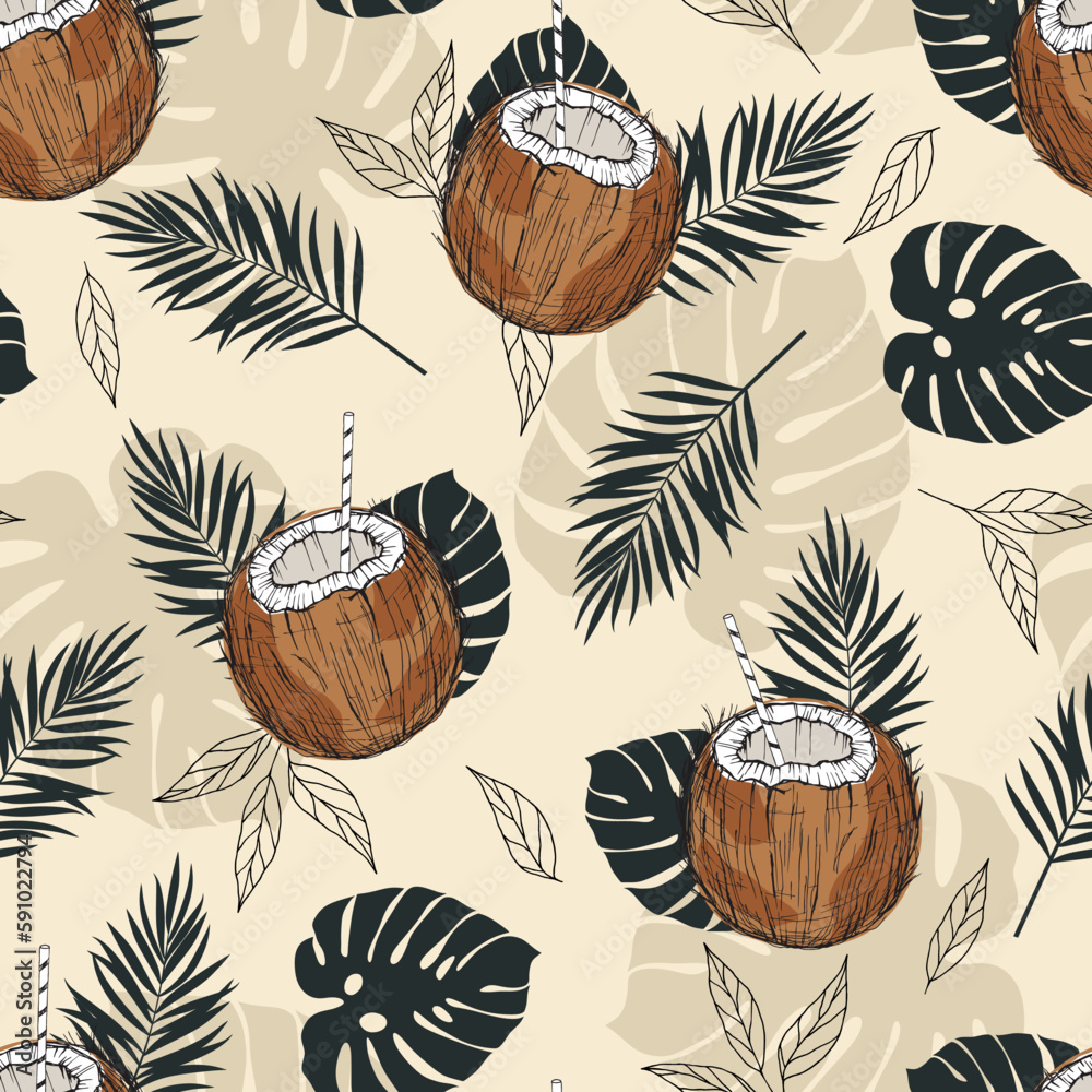 Seamless pattern with coconut, palm leaves and abstract elements ...