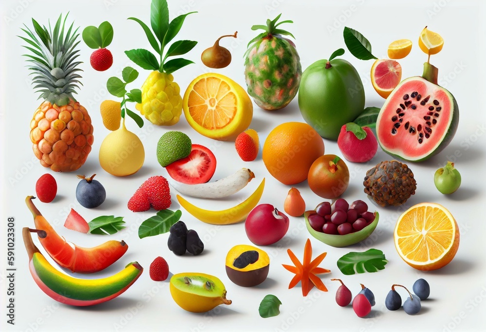 Different kinds of fruits isolated on white background. 3D rendering ...