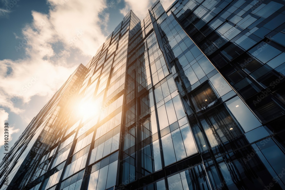 modern skyscraper with reflection of the sun shining in windows ...