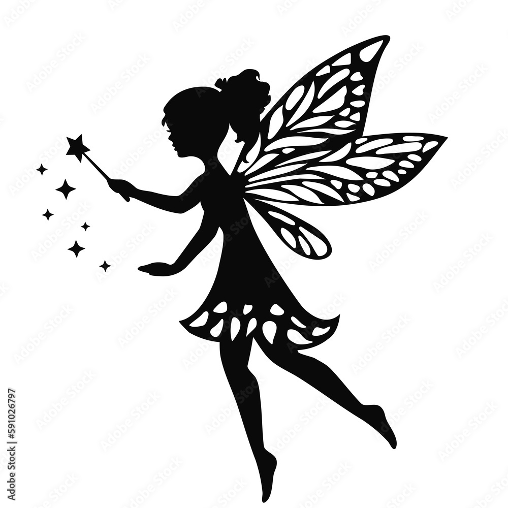 Pretty Garden Fairy Silhouette Vector Cartoon Illustration Stock Vector