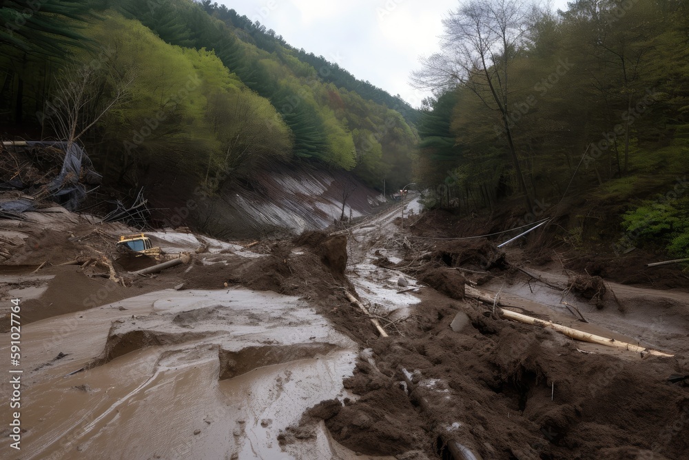 mudslide that has buried a road, isolating the area and hindering ...