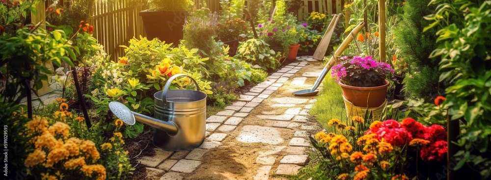 Bright and Colorful Garden Path Filled with Tools and Flowers, Sun ...