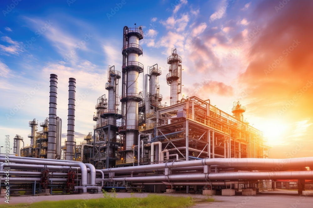 refinery in operation, with pipes and machinery moving and transforming ...