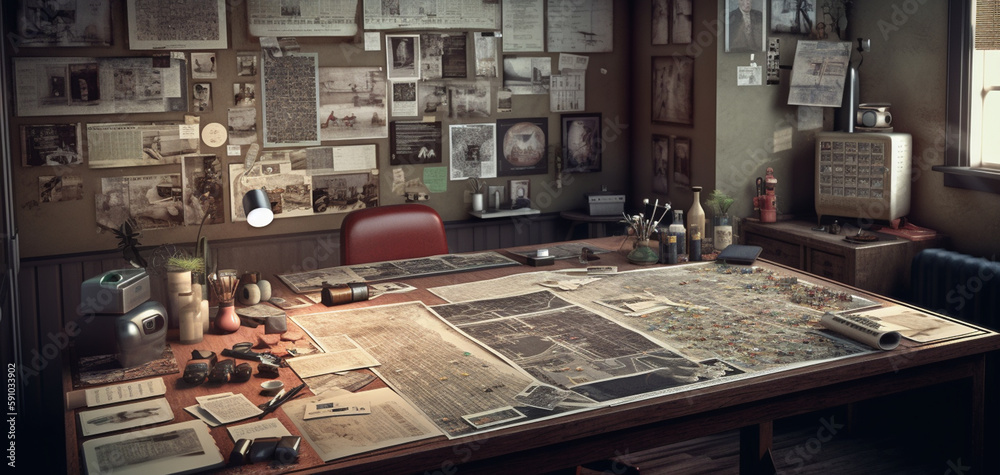 Detective workplace. Investigating board with a suspect evidence, crime ...