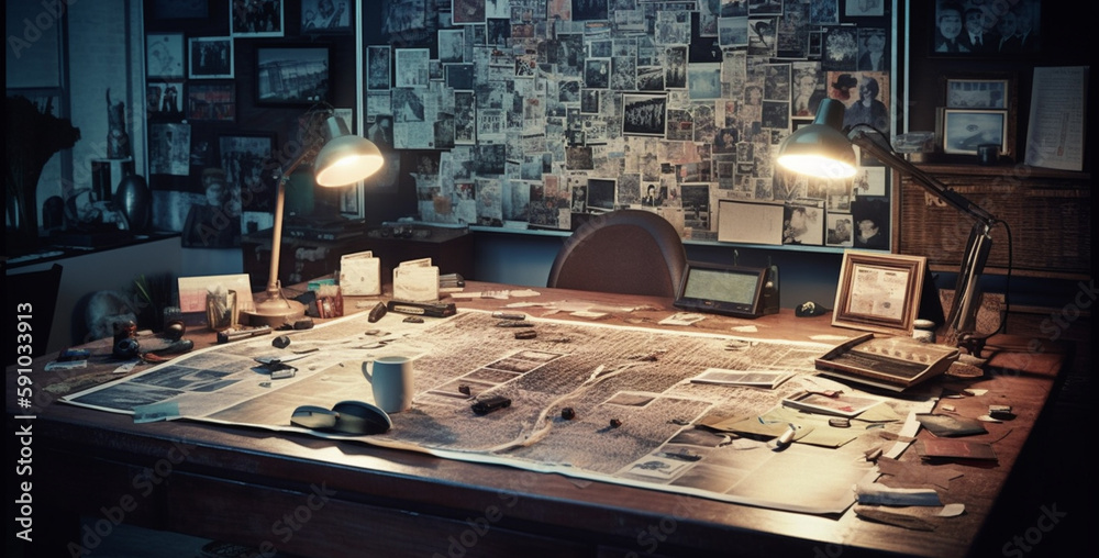 Detective workplace. Investigating board with a suspect evidence, crime ...