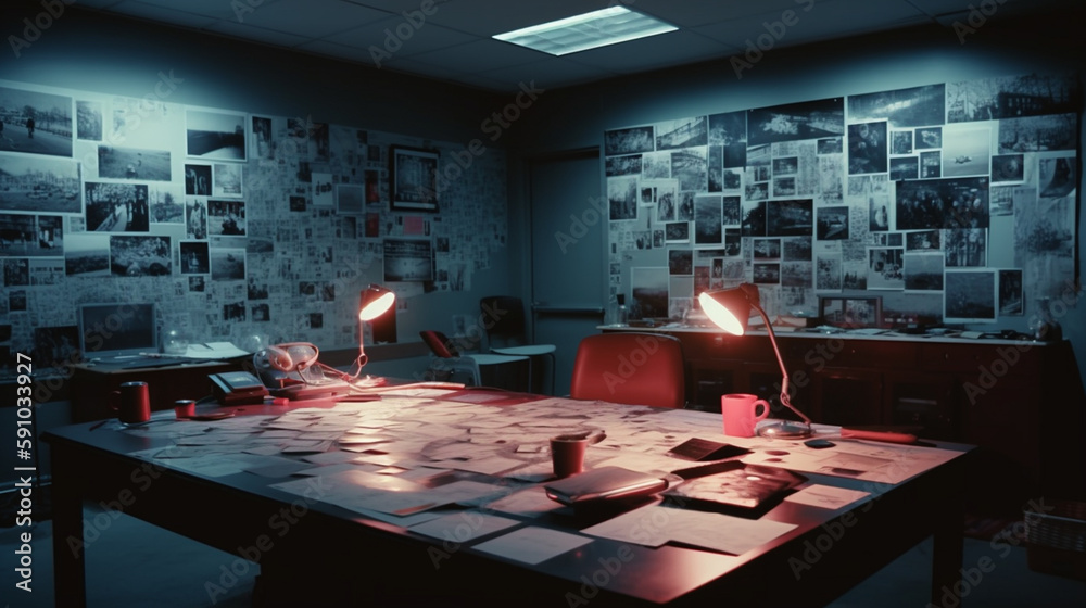 Detective workplace. Investigating board with a suspect evidence, crime ...