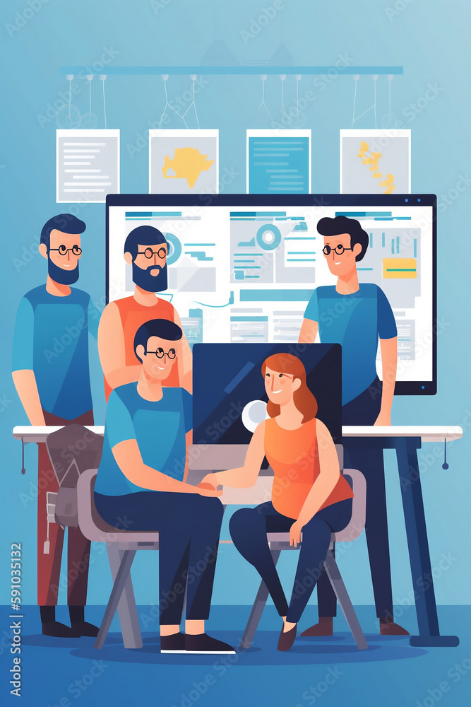 Software development team in front of a scrum board with sticky notes ...