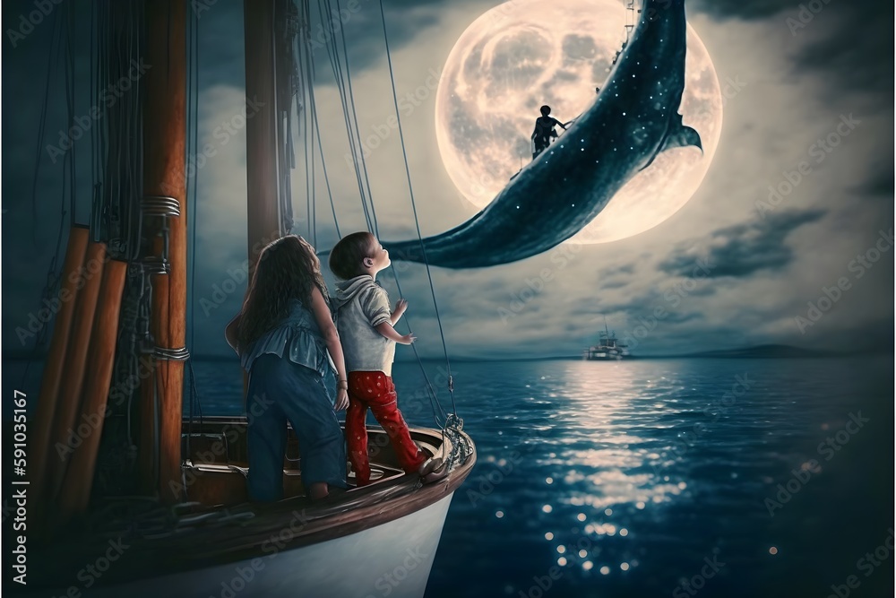 reinventing this photograph a strong big moonlight behind the sailboat ...