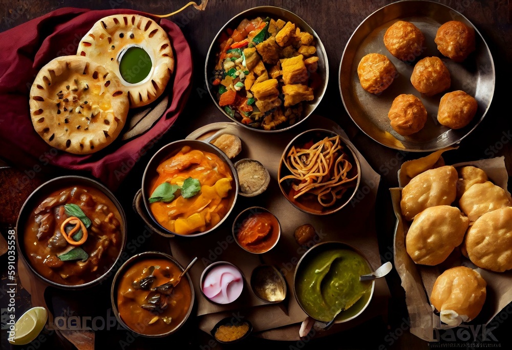Assorted Indian snack dishes. Samosa, Pav Bhaji, Puri bhaji, Medu vada ...