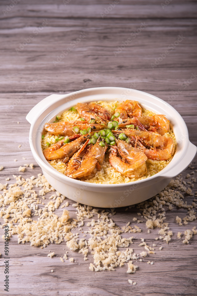poached fried jasmine rice with giant tiger sea prawn and green bean ...