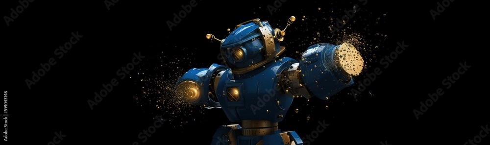 Blue traditional robot with blue glowing light on black background ...