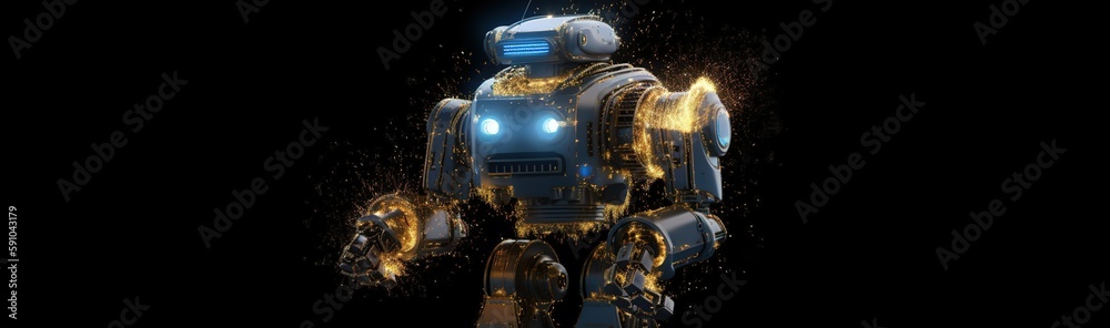3d robot with a glowing body in the black background, a friendly robot ...