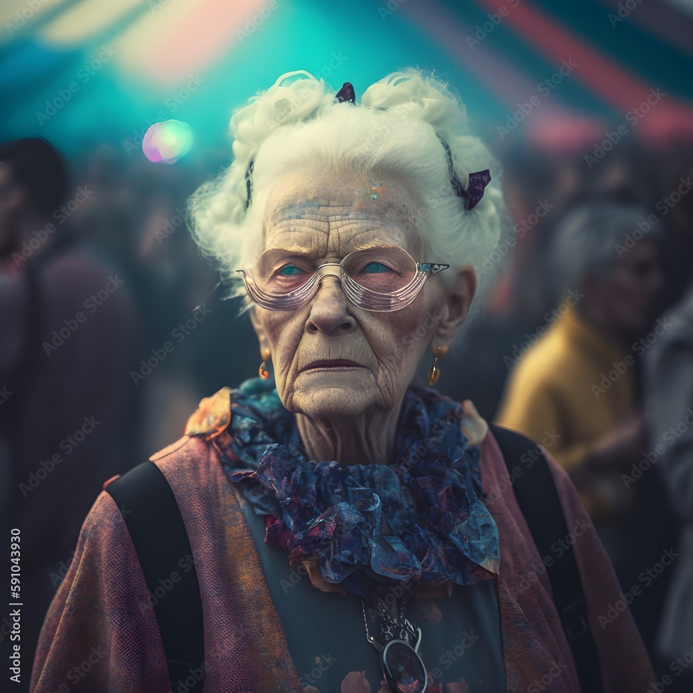 beautiful old lady performing at a music festival revealing fog in the ...