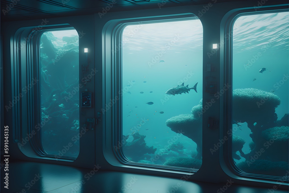 view inside a futuristic clean and minimalistic modular scifi ocean ...