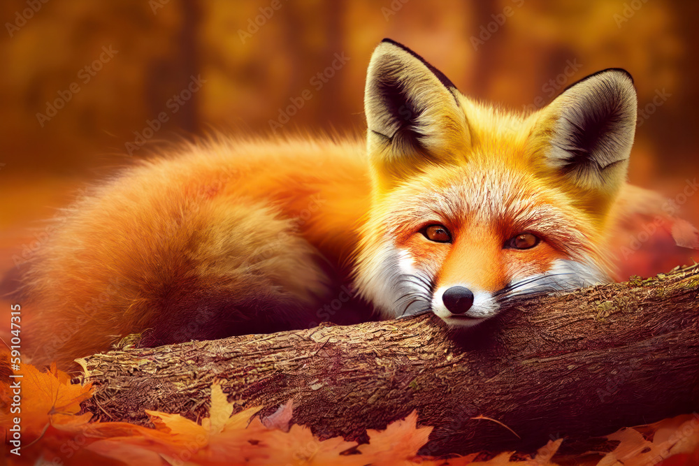 Cute red fox with a bushy tail in a colorful fall forest, generative ai ...