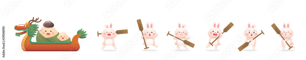 The cute mascots of a dragon-shaped boat and a rabbit rowing a boat and ...