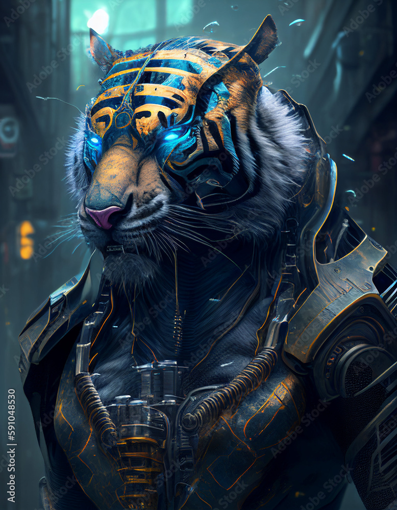 Cyberpunk Tiger realistic AI generated Stock Illustration | Adobe Stock