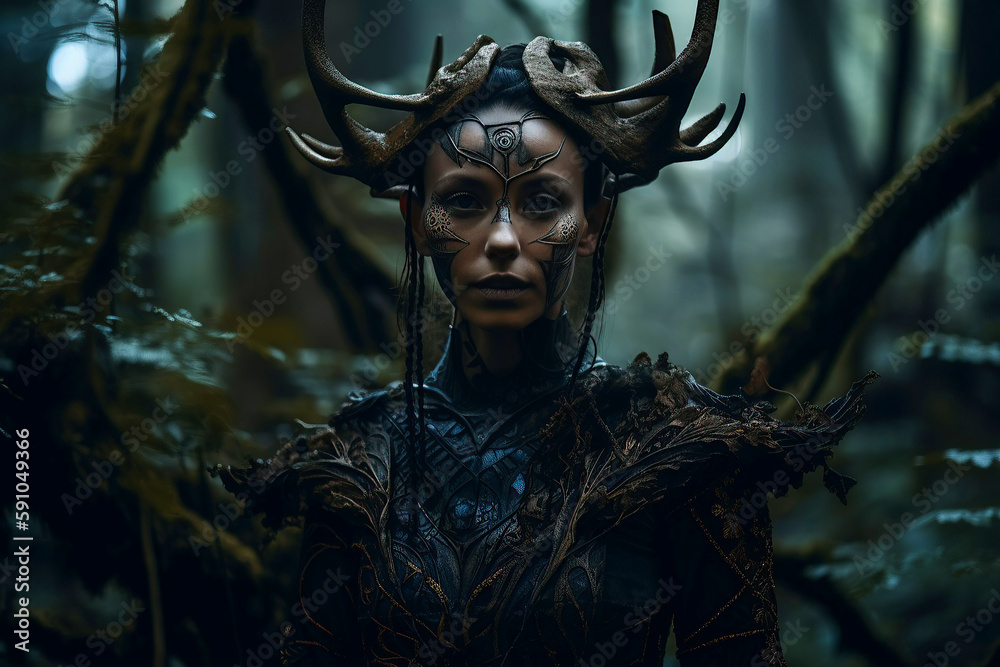 A large portrait of a fantastic dark elf in heavy armor, with long ...