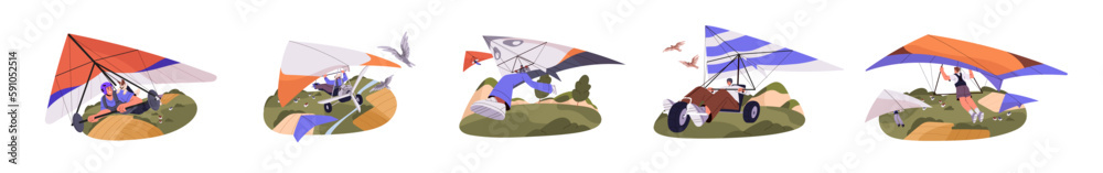 Hang gliders gliding in air set. Hangglider with wings flying, soaring ...