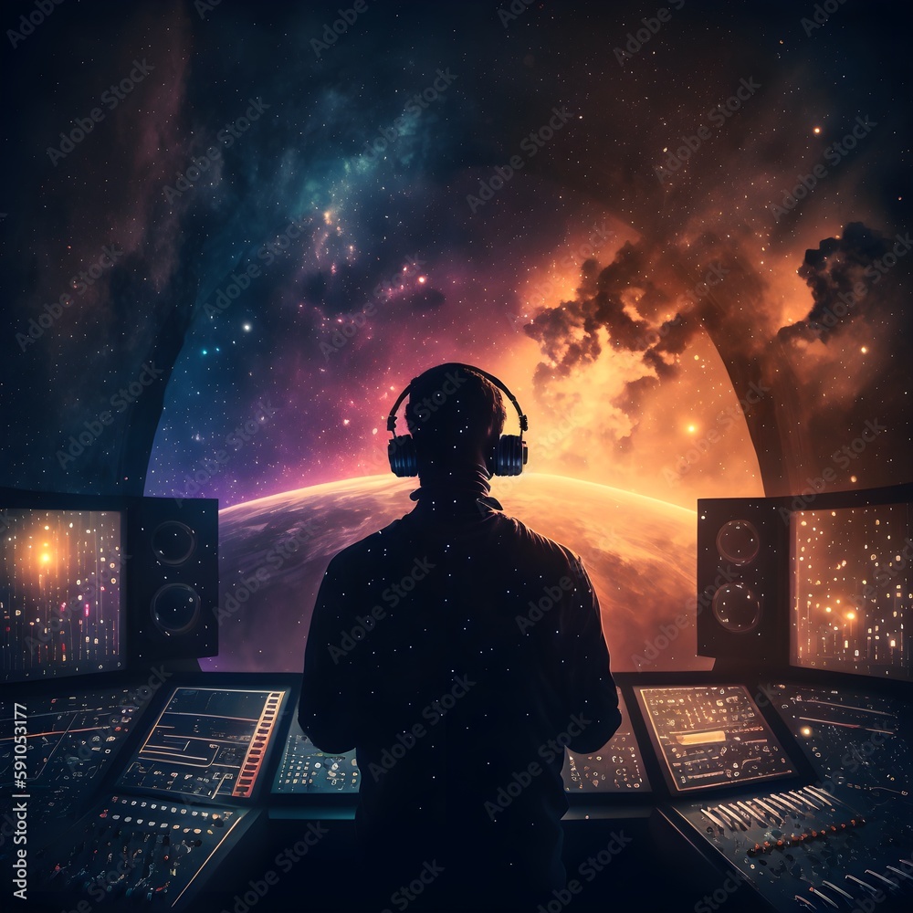 realistic photo inside music recording studio with sillhoutte of man ...