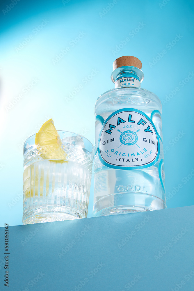 Kyiv November 8 2023 Malfy Italian Gin In Glass Botttle With Gin Tonic With Lemon And Ice On