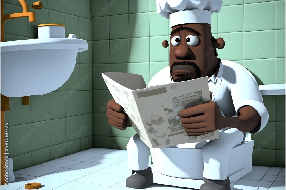 3D animated african american cartoony man in a chef outfit caught ...