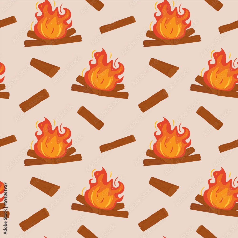 Seamless pattern with bonfires and firewood. Campfire. A blazing red ...