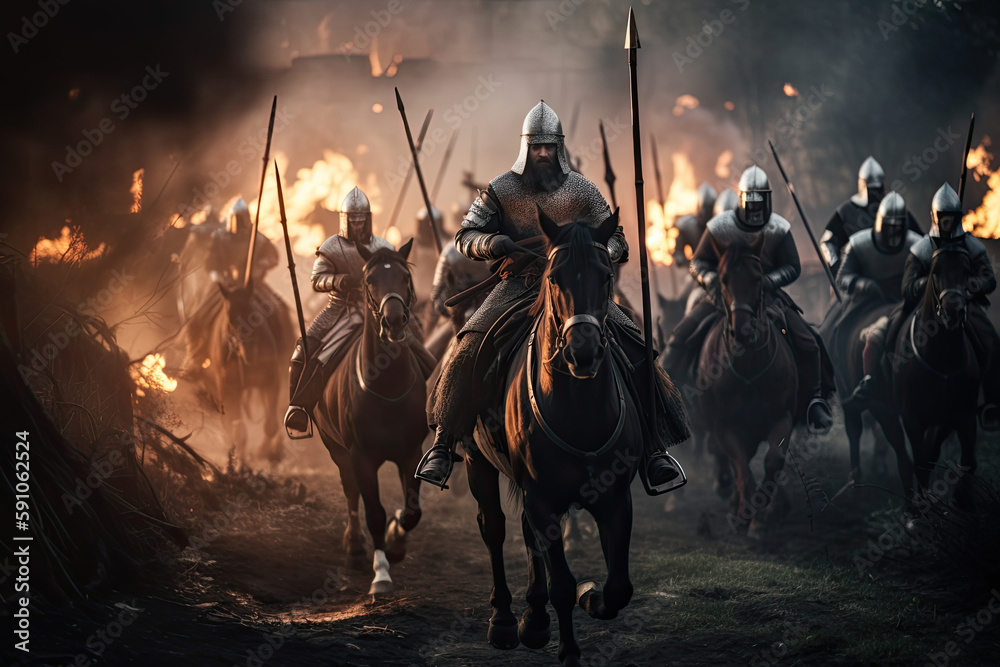 Historic medieval battle recreation with cinematic lighting, soldiers ...