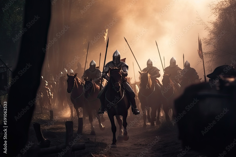 Historic medieval battle recreation with cinematic lighting, soldiers ...