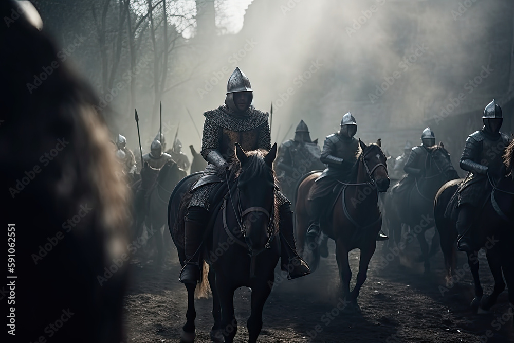 Historic medieval battle recreation with cinematic lighting, soldiers ...