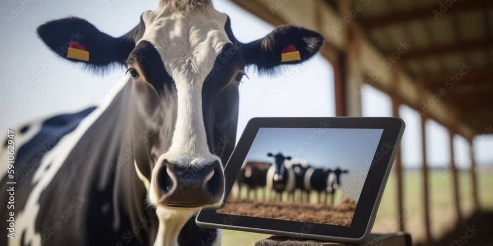 Farm workers using smart tablets to monitor animals, cow in background ...