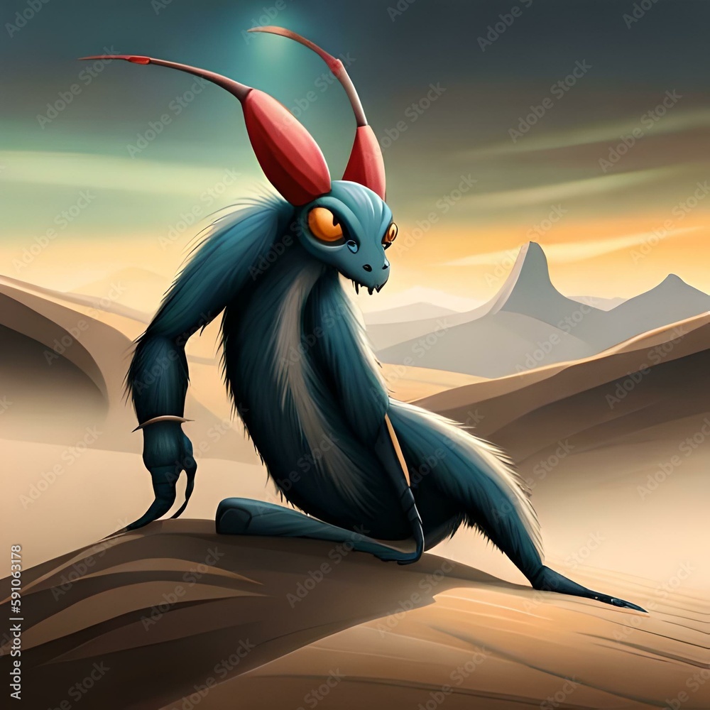 ant monster illustration with green and red color in the mountain ...