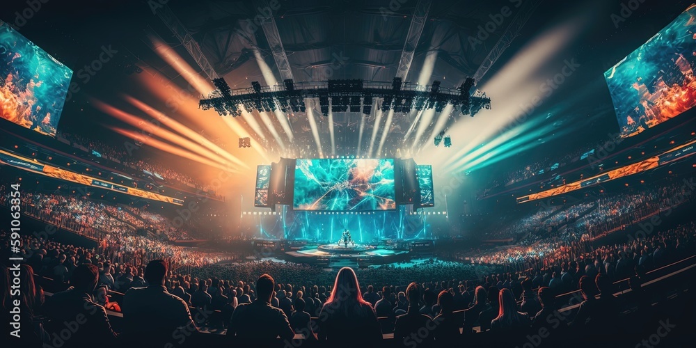 E-sports arena, filled with cheering fans and colorful LED lights ...