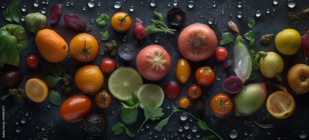 Vegetables, transparent background, visible water drops, top angle ...