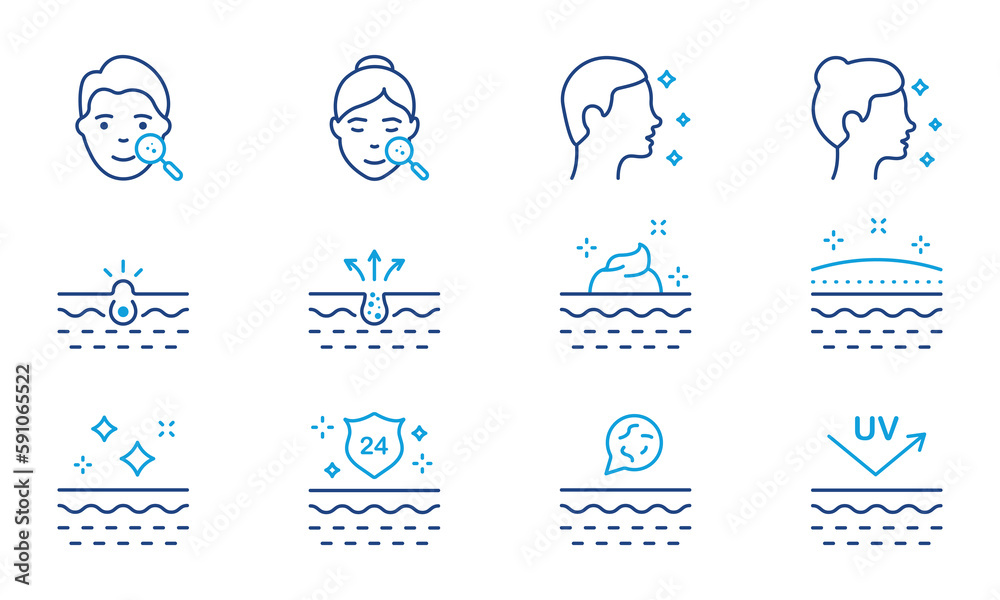 Skincare Line Icon Set. Dermatology Medical Skin Care for Man and Woman ...