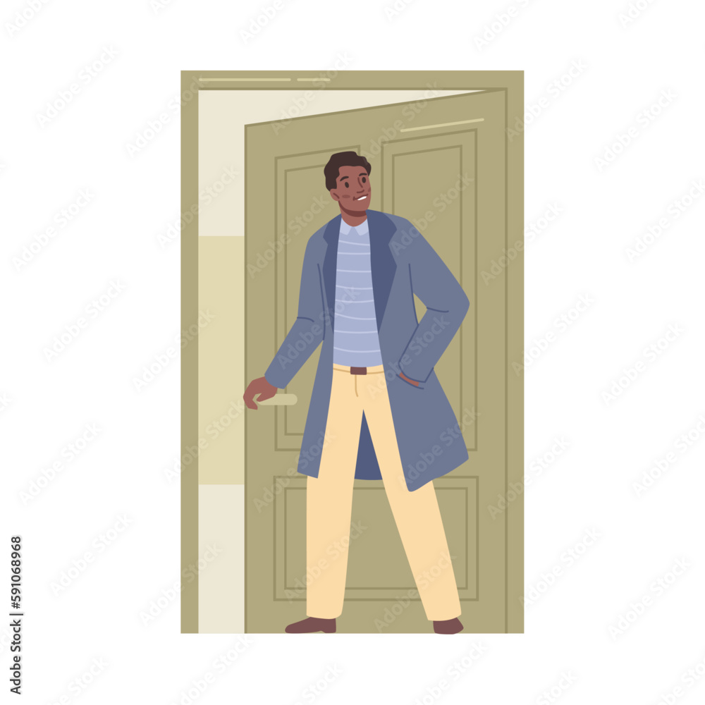 Male character opening doors, person standing by entryway. Personage ...