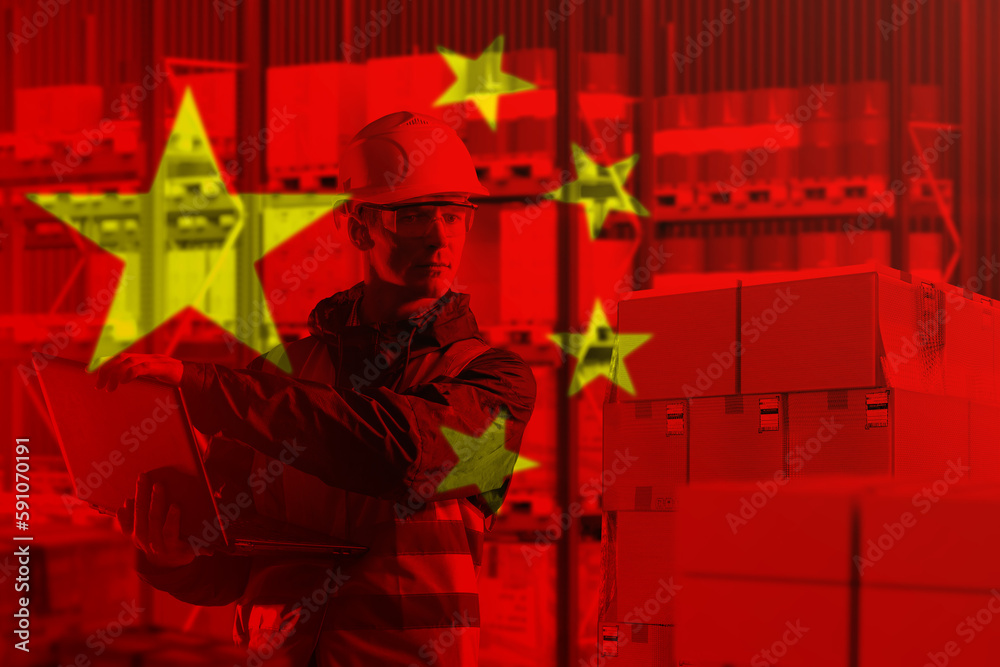 Chinese industrialist. Male factory owner from China. Guy with laptop ...