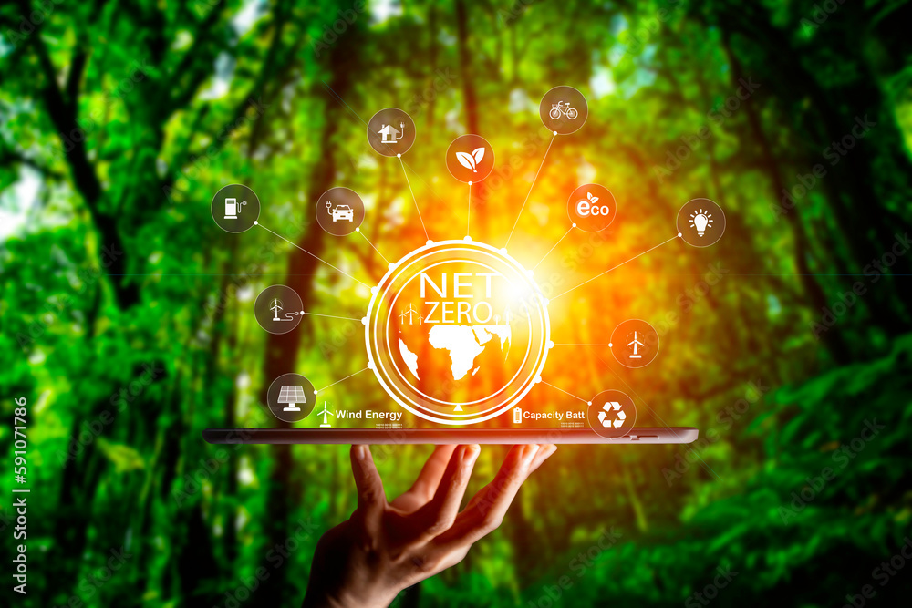 net zero concept. Hand holding city with net zero icon. carbon neutral ...