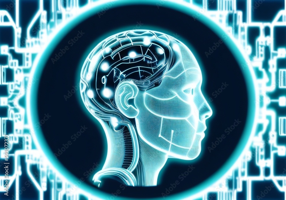 Artificial intelligence. Human head outline with circuit board inside ...