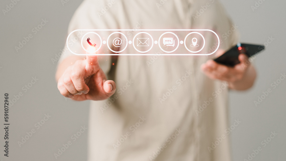 Client man touching the virtual screen on the call phone, email ...