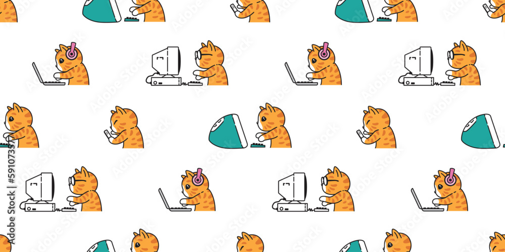 cat seamless pattern kitten working calico neko pc computer laptop ...